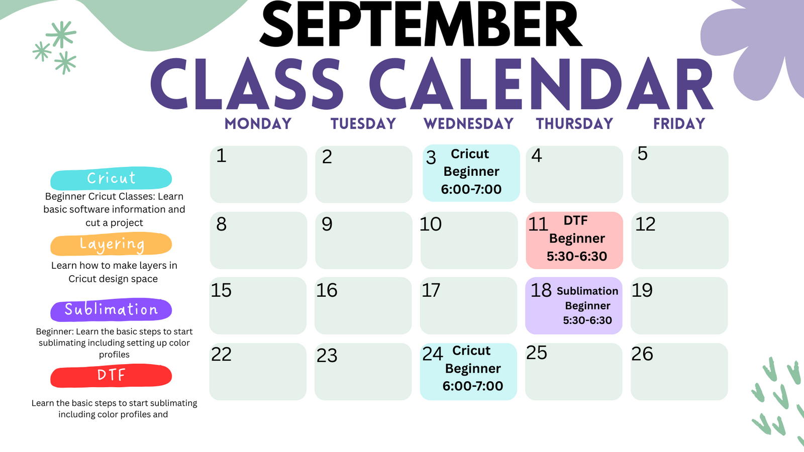 September Craft Class Calendar | Booking | Cricut Classes | Sublimatio